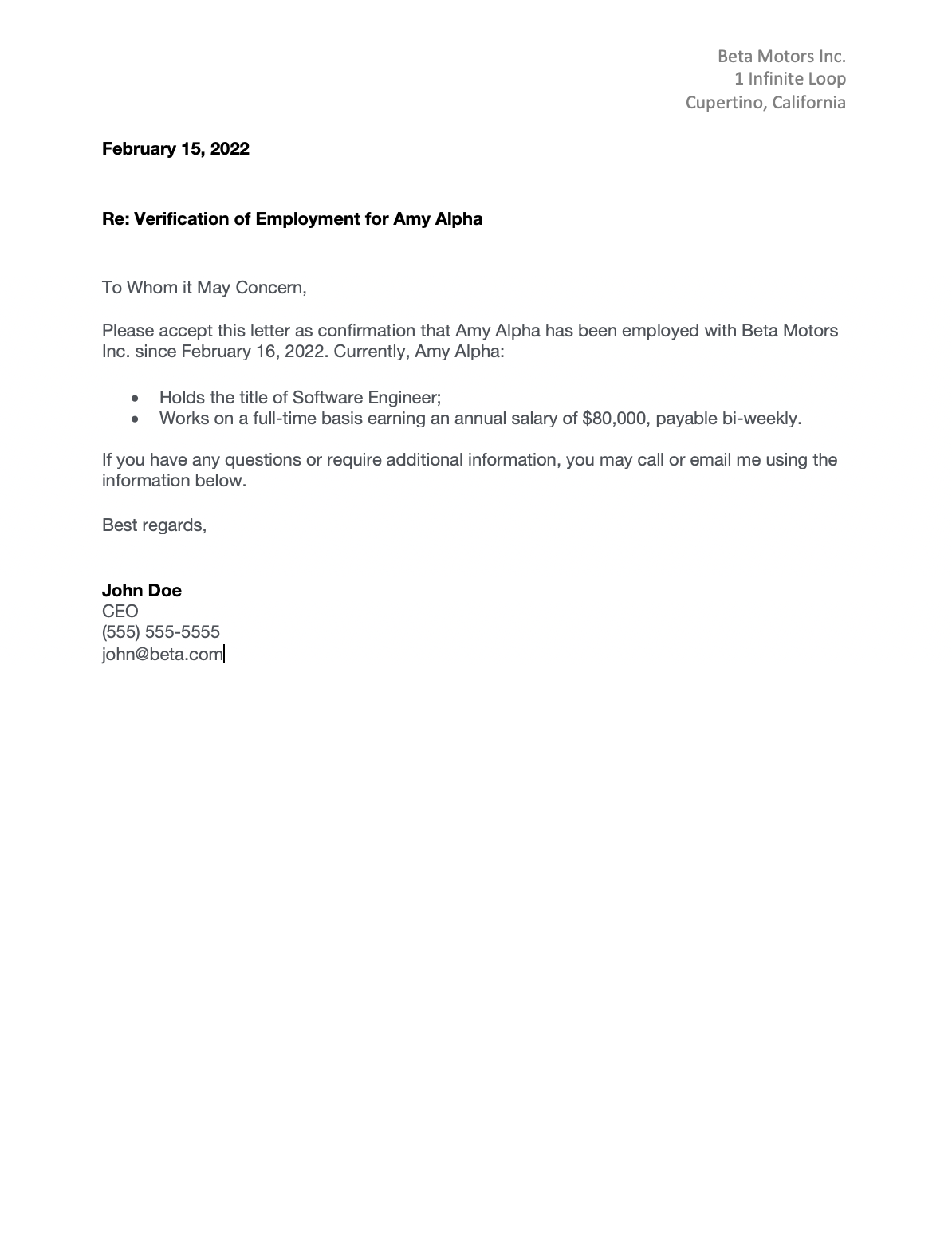 Sample Letter Verification Of Employment With Salary